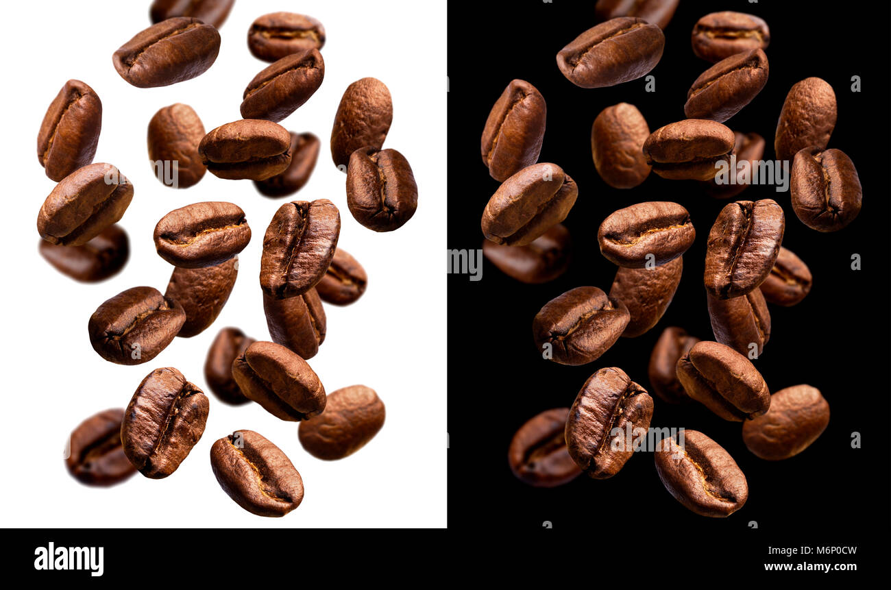 Falling coffee beans isolated on white and black background Stock Photo ...