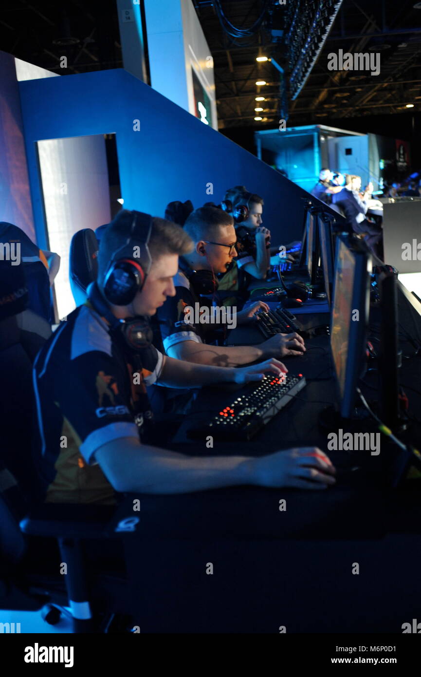 Popular eSports competition, with players concentrating on stage during ...