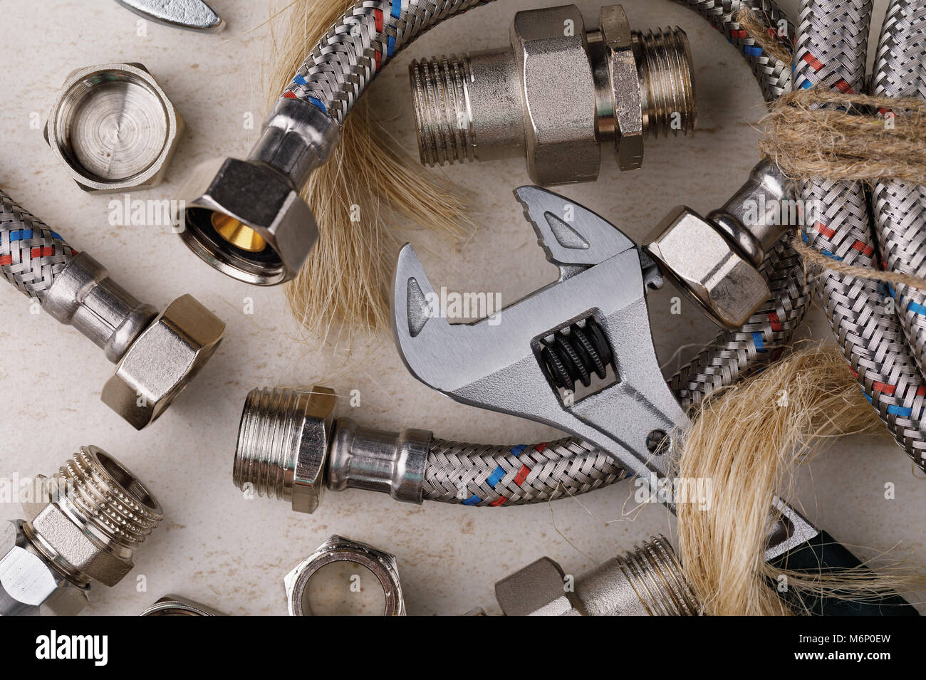 Plumbing tools for connecting water taps. Background, top view Stock ...