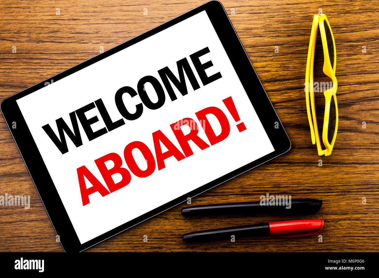 Writing text showing Welcome Aboard. Business concept for Greeting Join ...