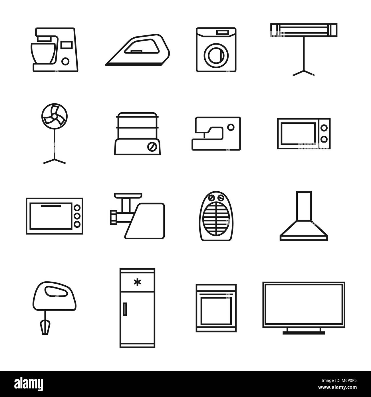 Set of different elements of household appliances from thin lines ...