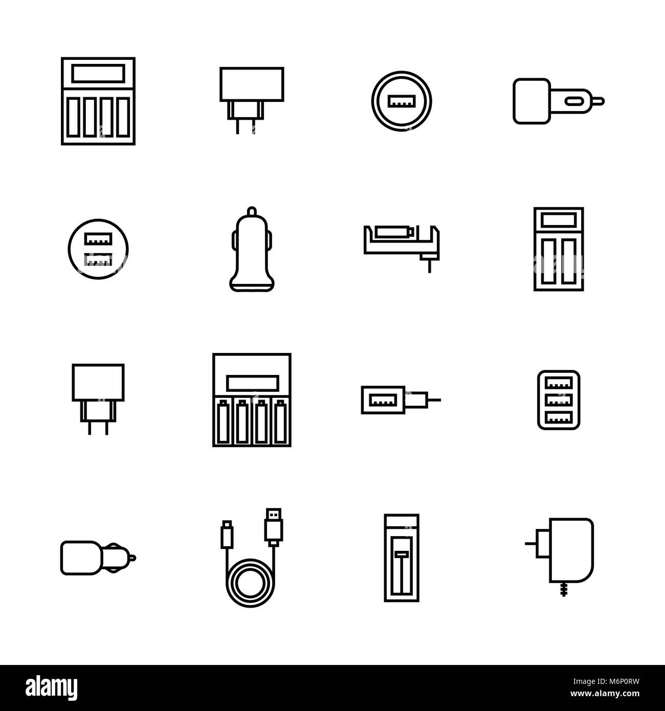 Icons of chargers from thin lines isolated on white background, vector ...