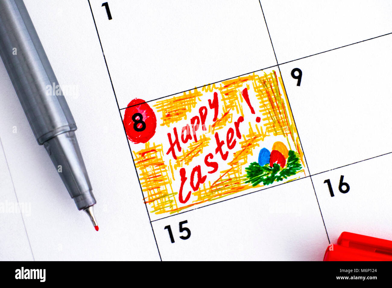 Reminder Happy Easter in calendar with red pen. Close-up Stock Photo ...