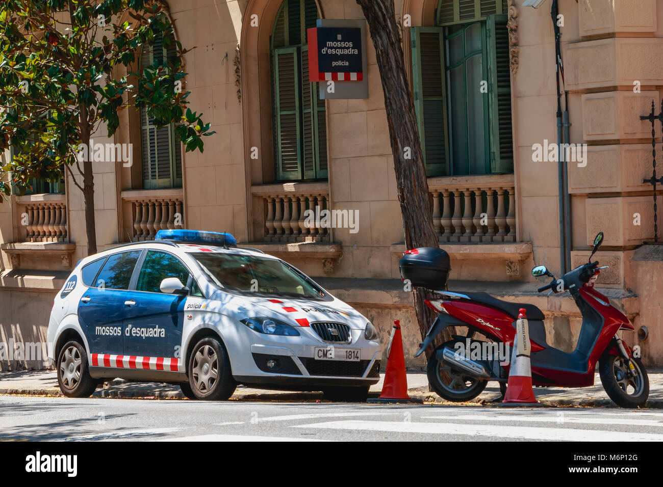 Barcelona, Spain - June 20, 2017: Police car parked in front of a small ...