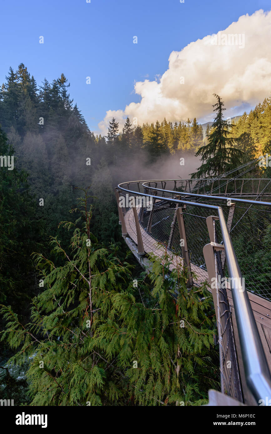 semi-circular, suspension bridge on a rock above a mountain river with ...