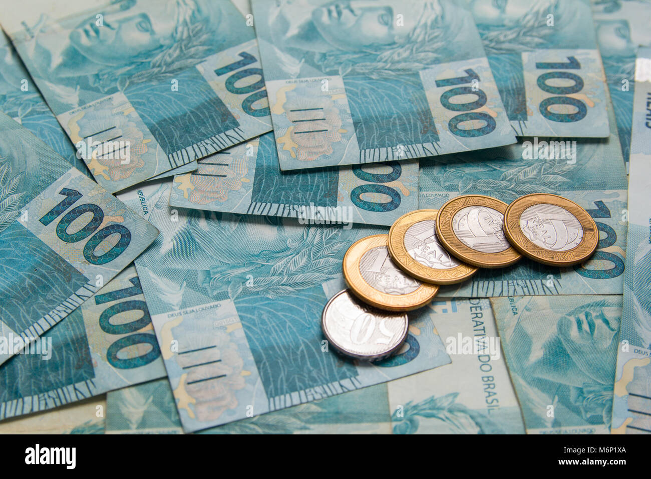 Money from Brazil. Notes of Real, Brazilian currency. Concept of ...