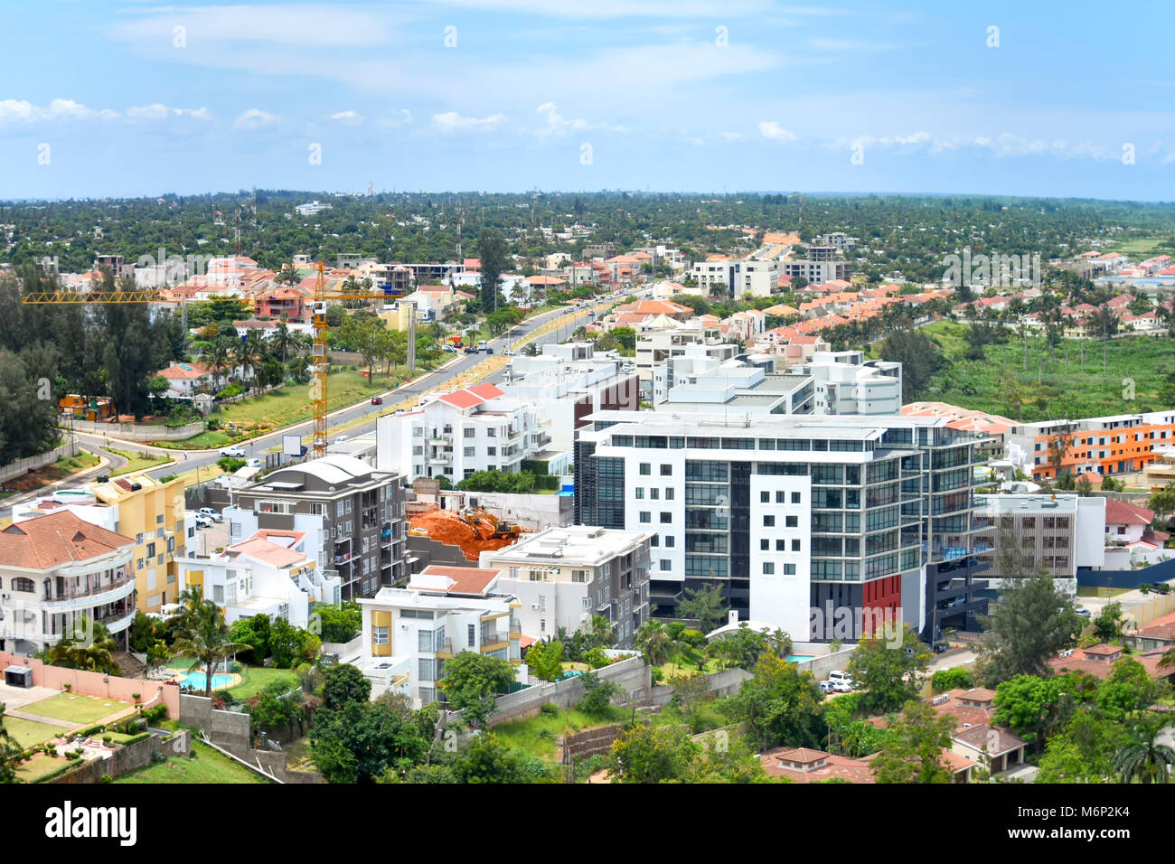 A colorful elevated view of offices in a residential area in Maputo ...
