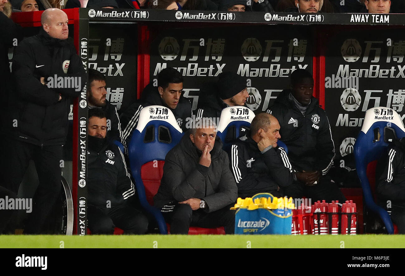 Manchester United manager Jose Mourinho in the dugout during the ...