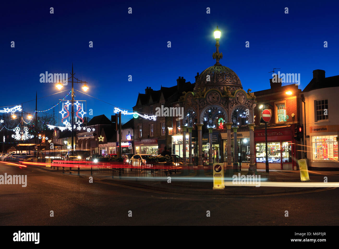 Christmas tree lights at night, Market Place, March town, Fenland ...