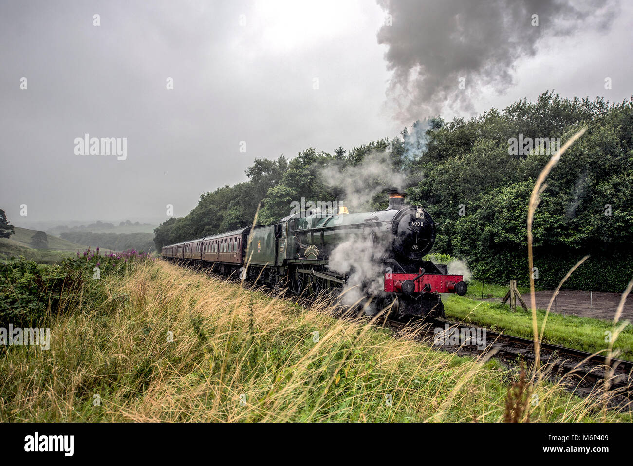 Steam Train in Landscape Stock Photo - Alamy