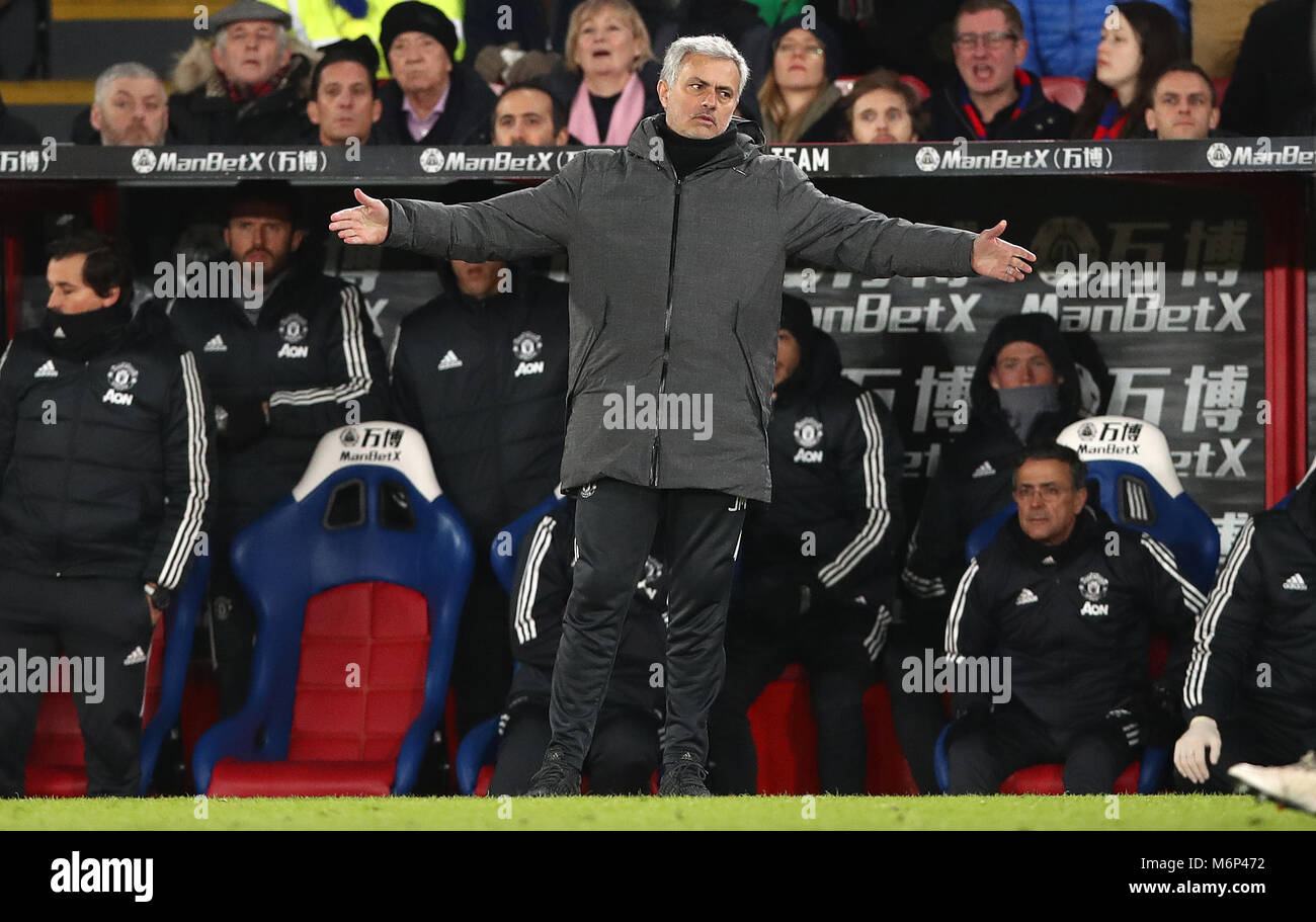 Manchester United manager Jose Mourinho on the touchline during the ...