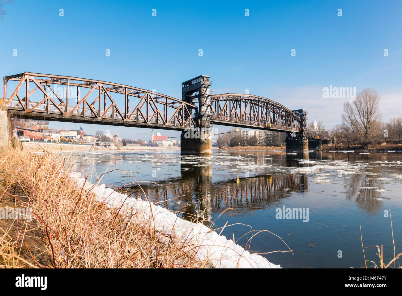 Magdeburg, Germany - 4 March 2018: On the river Elbe in Magdeburg, ice ...