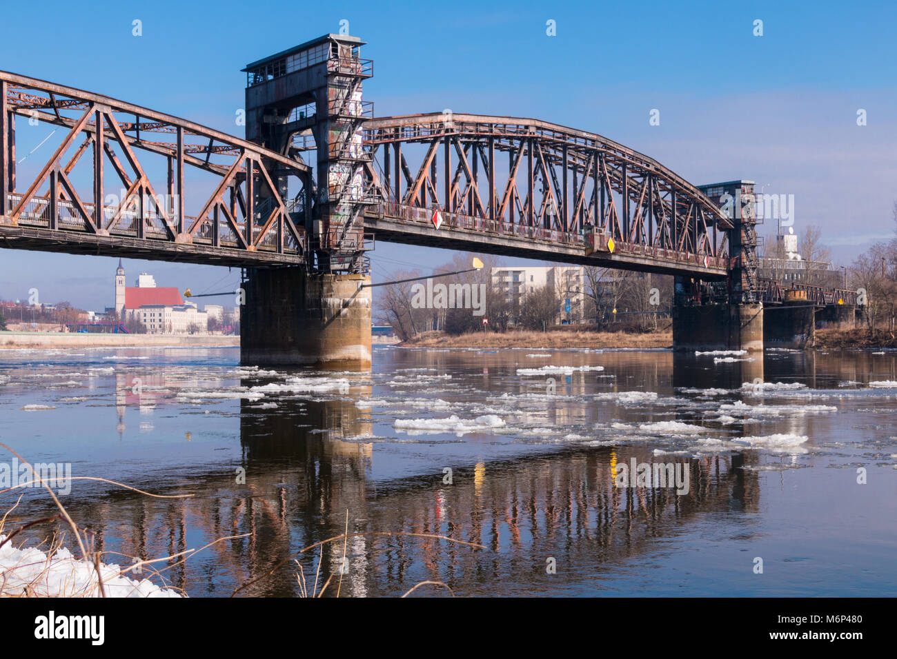 Magdeburg, Germany - 4 March 2018: On the river Elbe in Magdeburg, ice ...