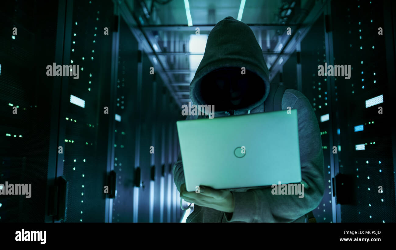 Close-up Shot of a Hacker with Hidden Face in a Hoodie Standing in the ...