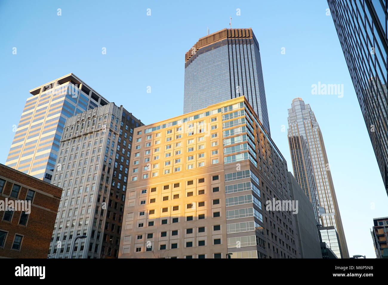 Look up view at downtown Minneapolis Minnesota skyscrapers. Center ...