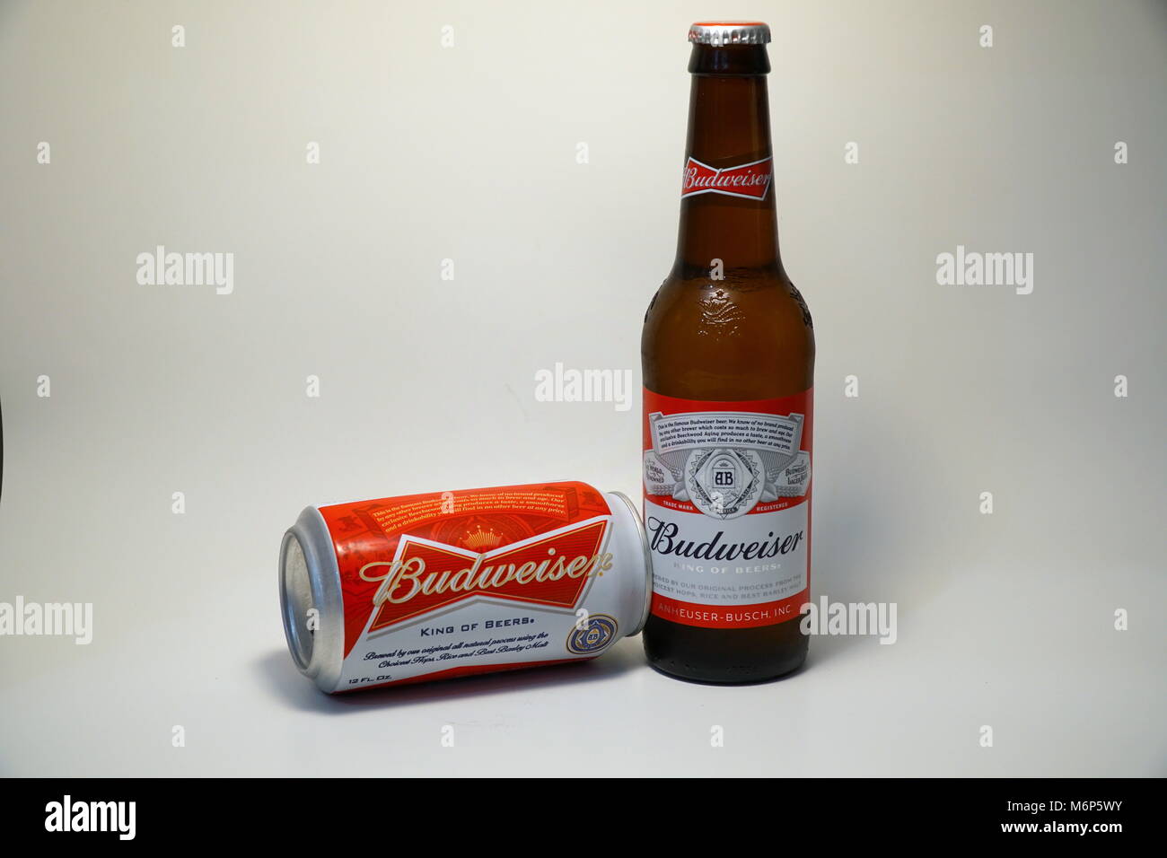 Budweiser beer can and bottle. American style pale lager alcoholic ...