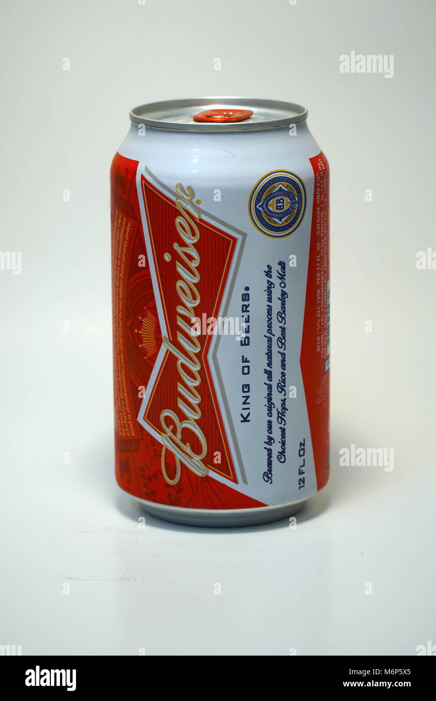 Budweiser beer can. American style pale lager alcoholic beverage ...