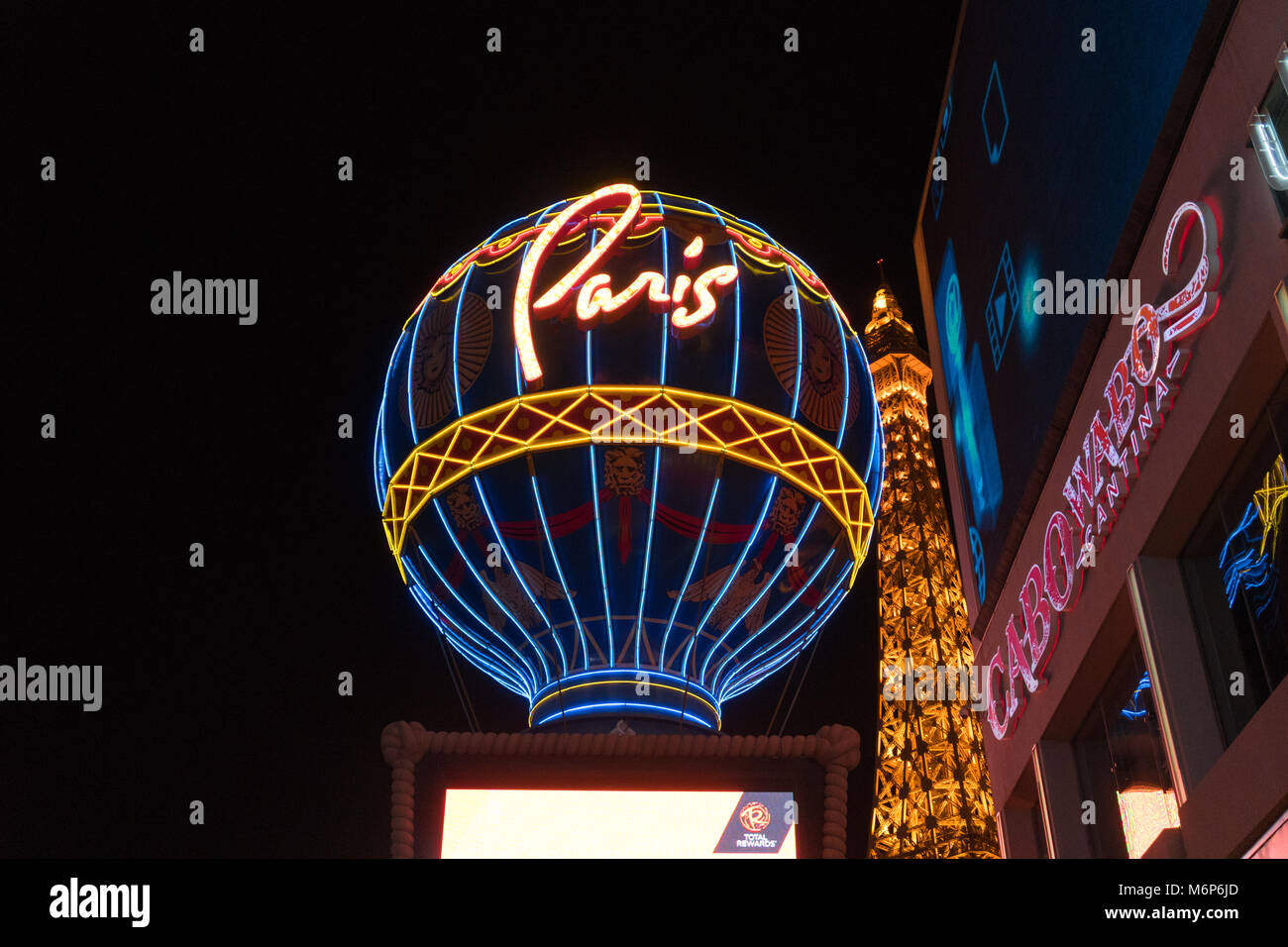 Las Vegas, USA - Circa 2017: Paris hotel and casino night exterior neon ...