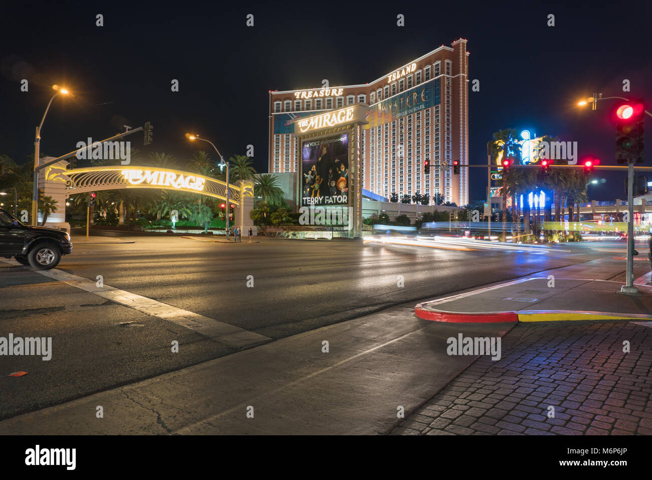Las Vegas, USA - Circa 2017: Treasure Island and Mirage bright neon ...