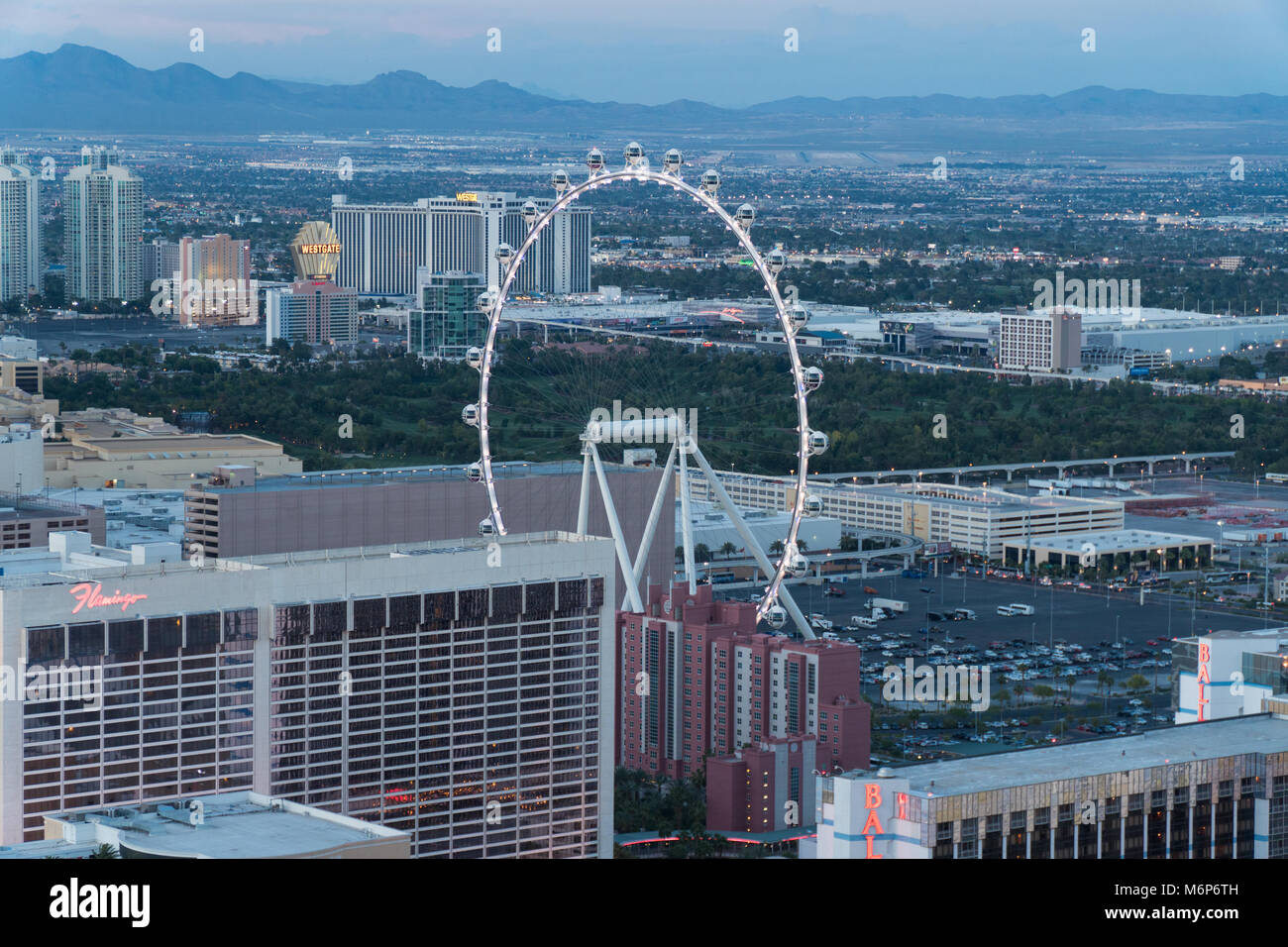 Las Vegas, USA - Circa 2017: High Roller observation ferris wheel stand tall high above LINQ ...