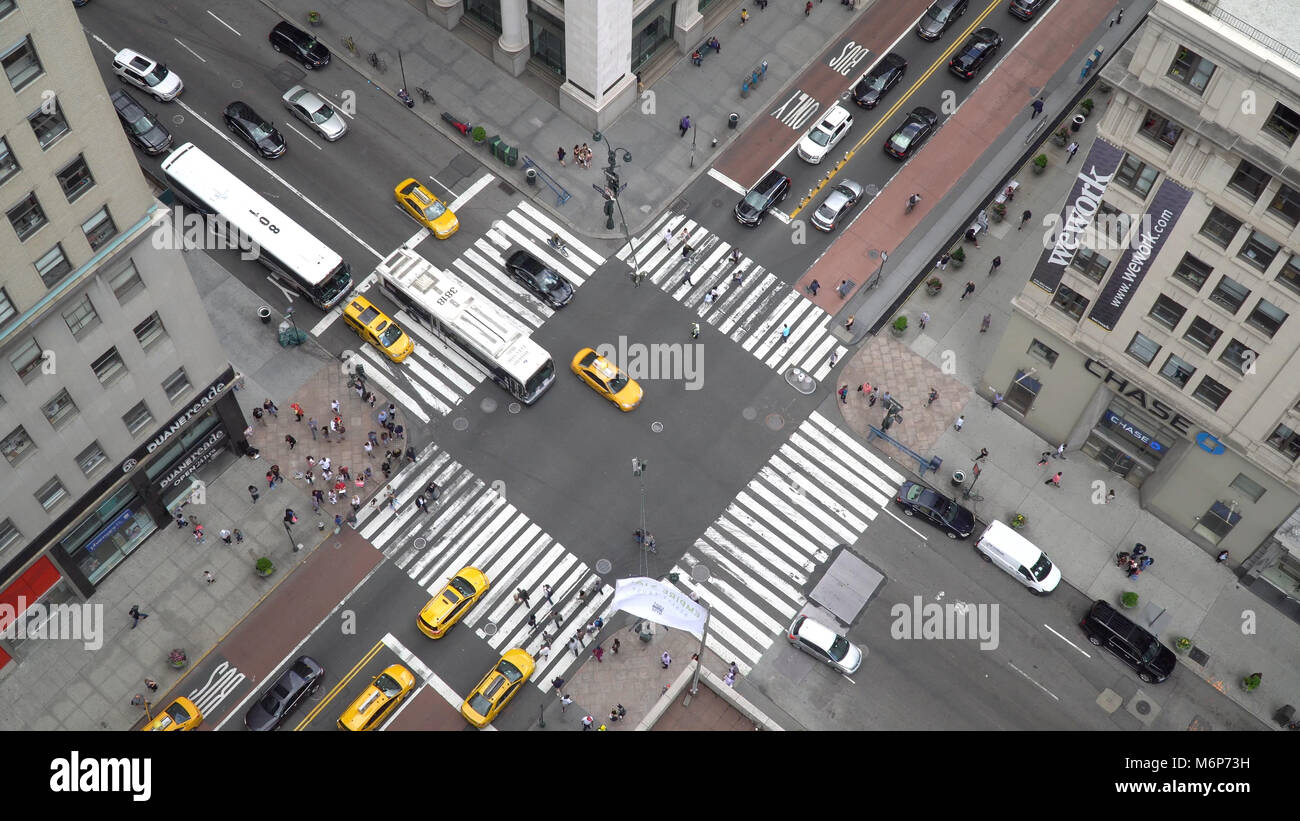 New York City, Circa 2017: Overhead aerial birds eye view overhead busy ...