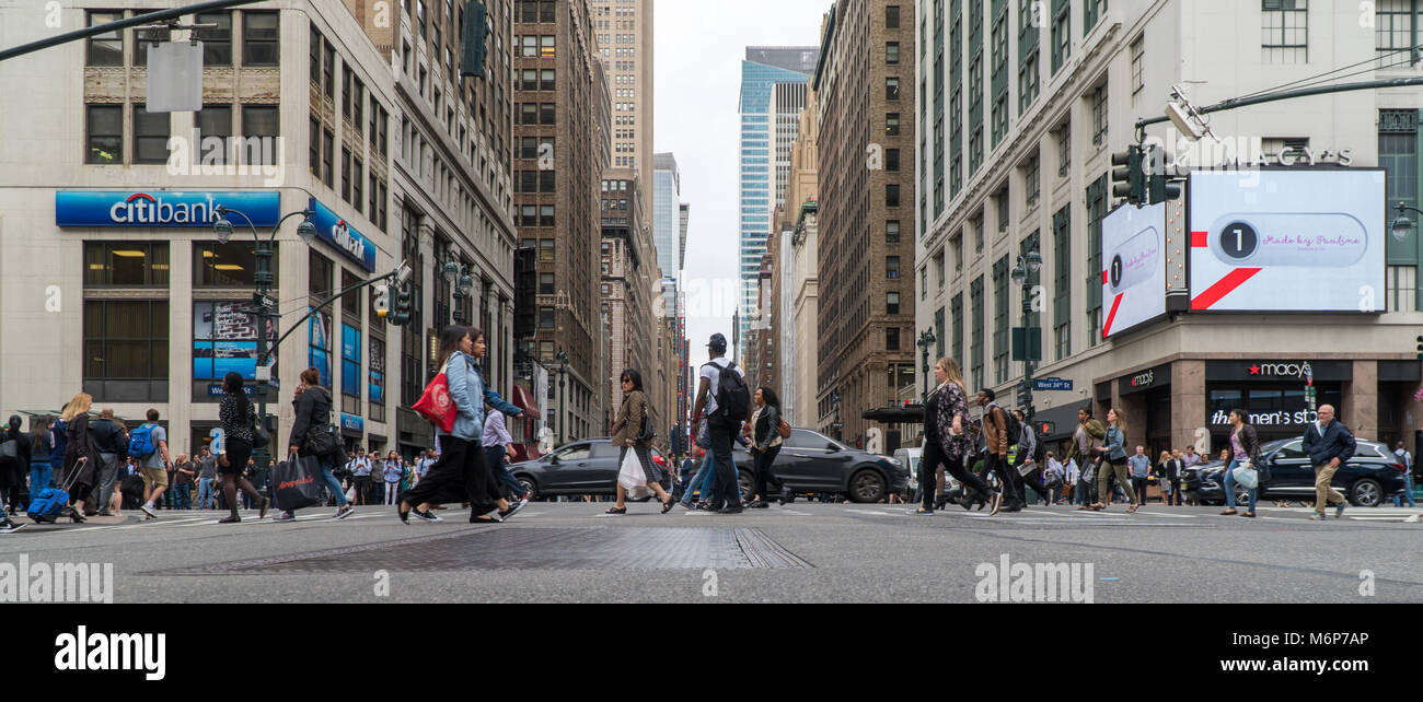 New York City, Circa 2017: Manhattan crosswalk intersection low angle ...