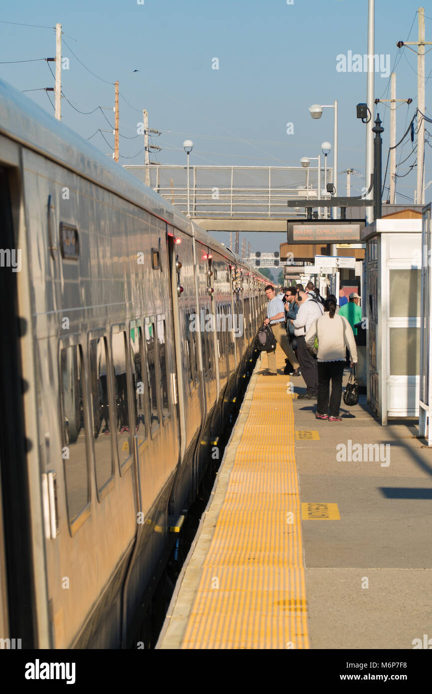 Long Island, NY - Circa 2017: Passengers board Long Island Railroad ...