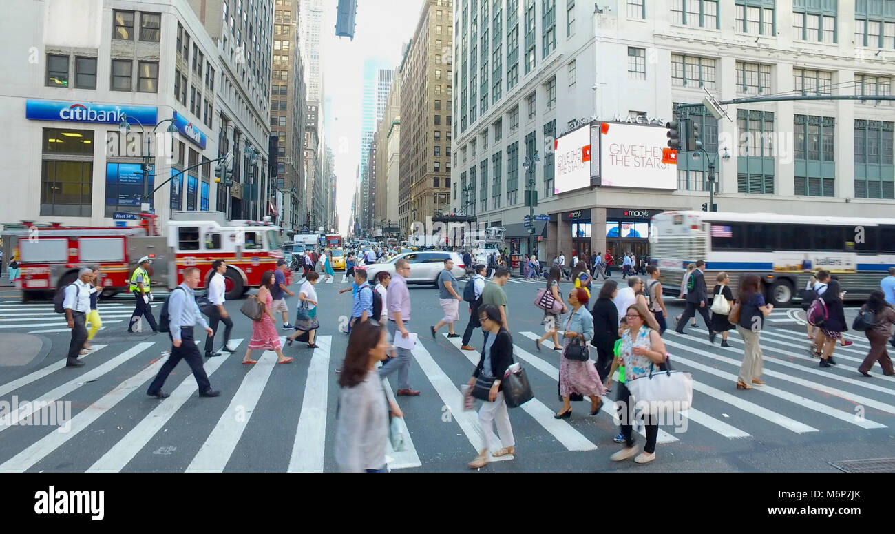 New York City, Circa 2017: Manhattan crosswalk wide high angle overhead ...
