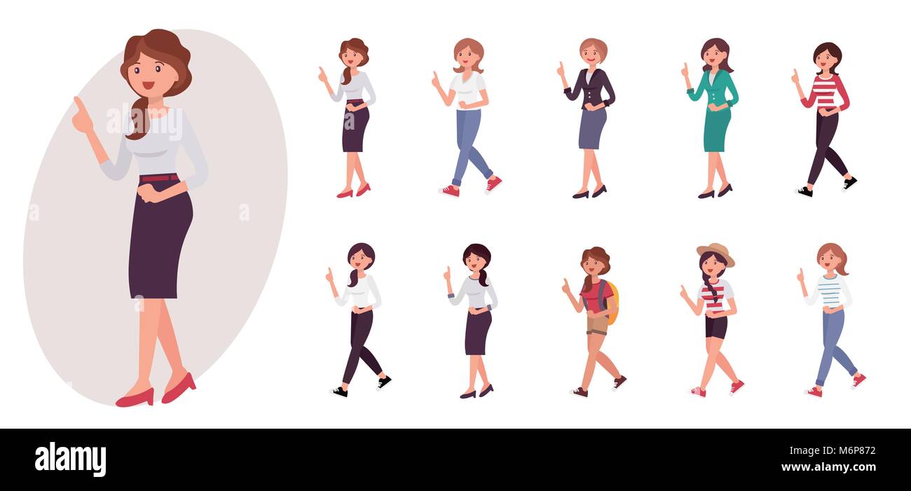 Cartoon character design female woman stand talk with hand pointing ...