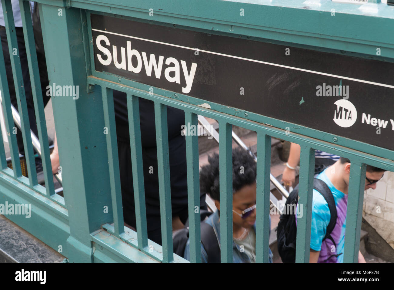 New York City, Circa 2017: MTA subway station outside staircase ...