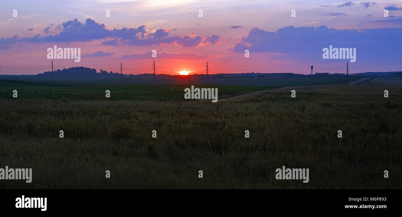 Scenic sunset in the countryside. Panoramic rural landscape. Panorama ...