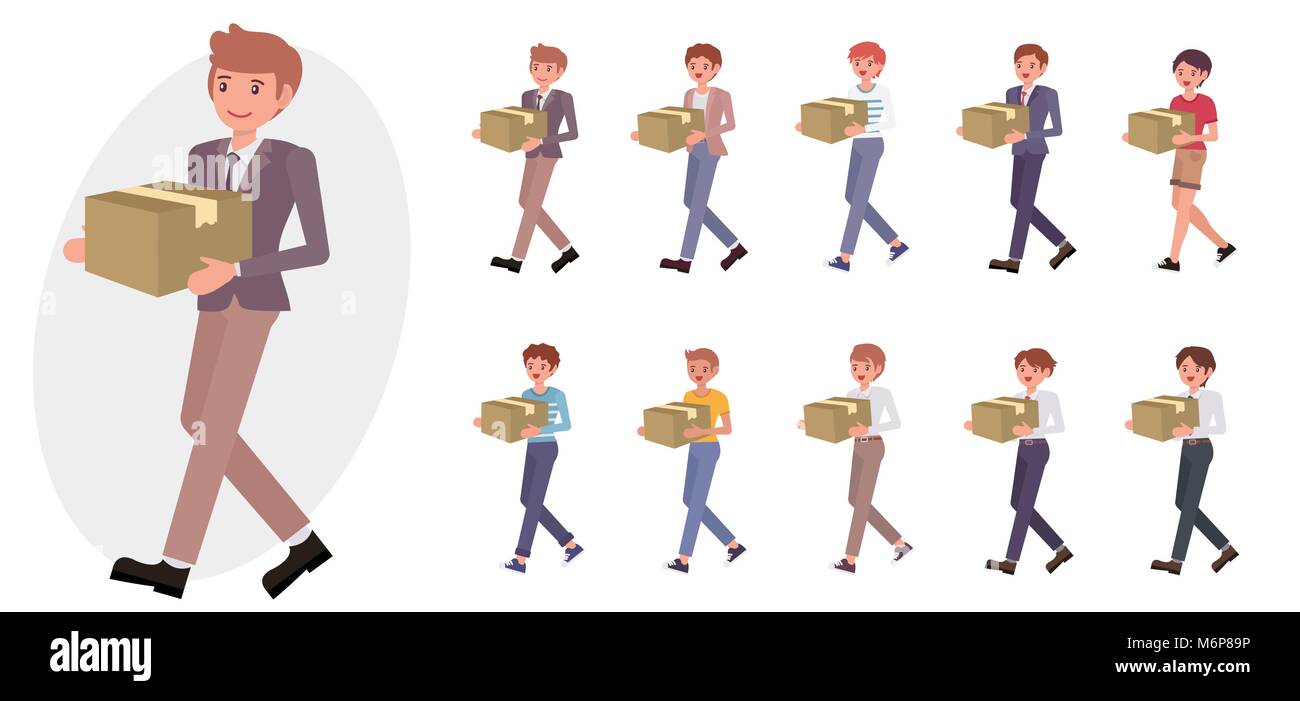 Cartoon character design male office man in business suit carry box ...
