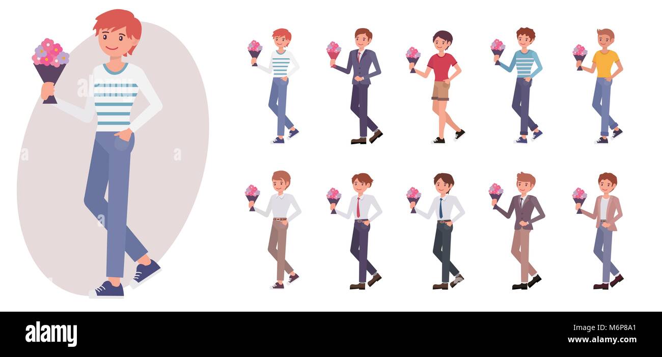 Cartoon character design male young boy stand holding bouquet in casual ...