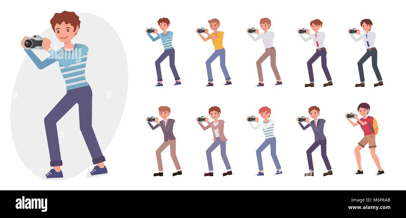 Cartoon character design male young man take picture with camera ...