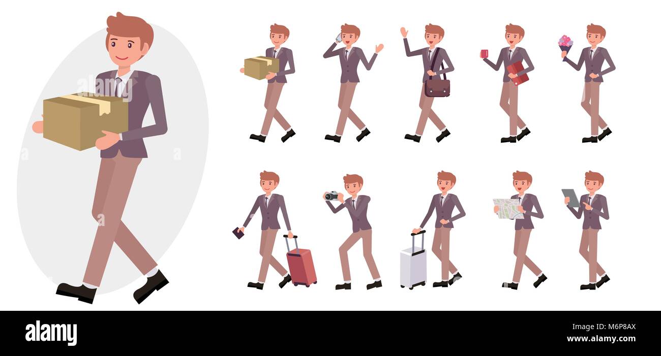 Cartoon character design male man collection in ten different pose and ...