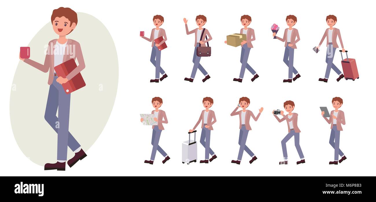 Cartoon character design male man collection in ten different pose and ...
