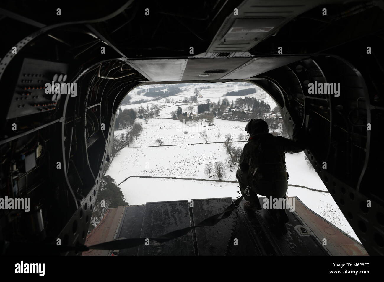 A view from the rear of an RAF Chinook helicopter flying over Cumbria ...