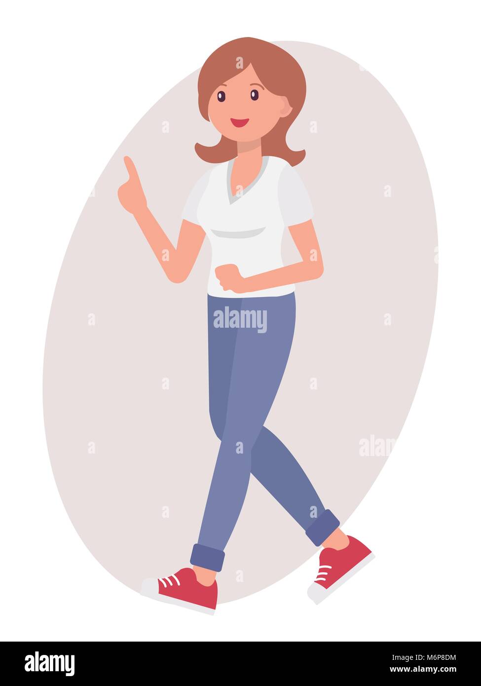 Cartoon character design female woman stand talk with hand pointing ...