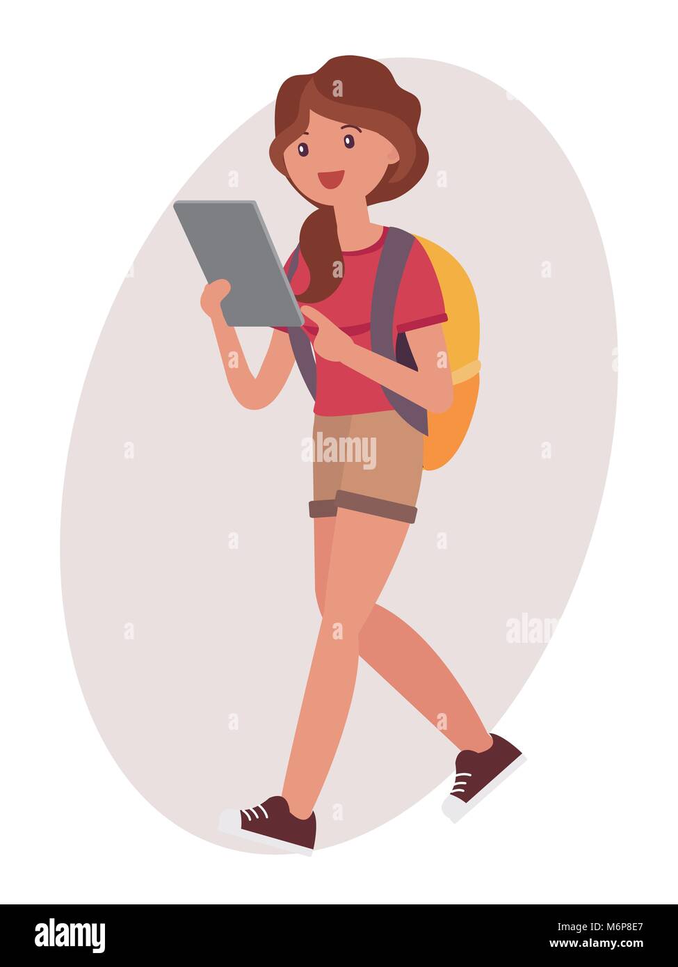 Cartoon character design female woman stand watching tablet with happy ...