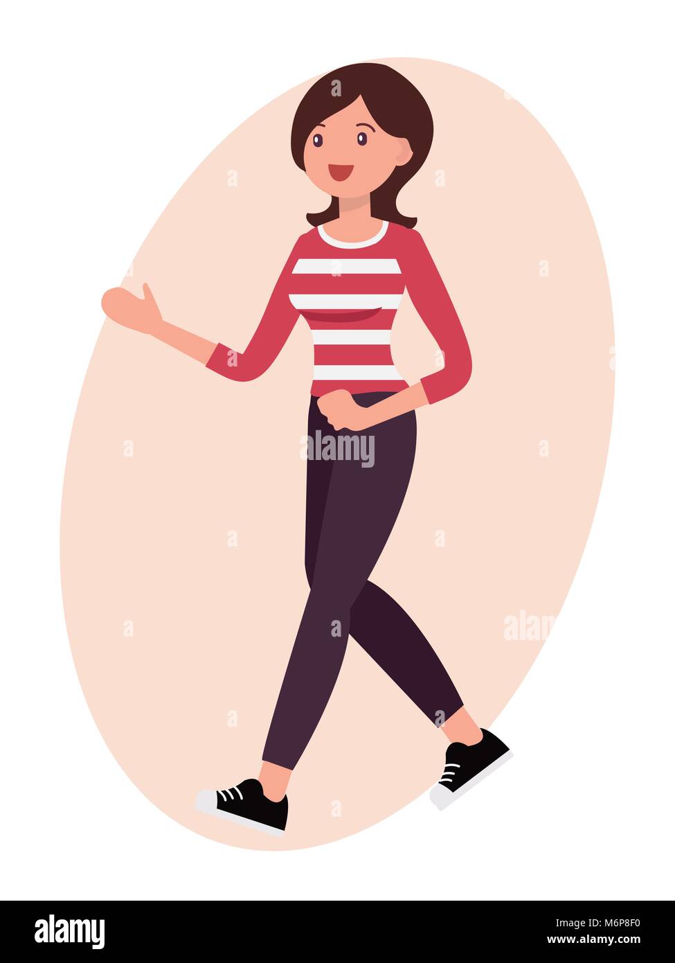 Cartoon character design female woman stand with welcome gesture smile ...