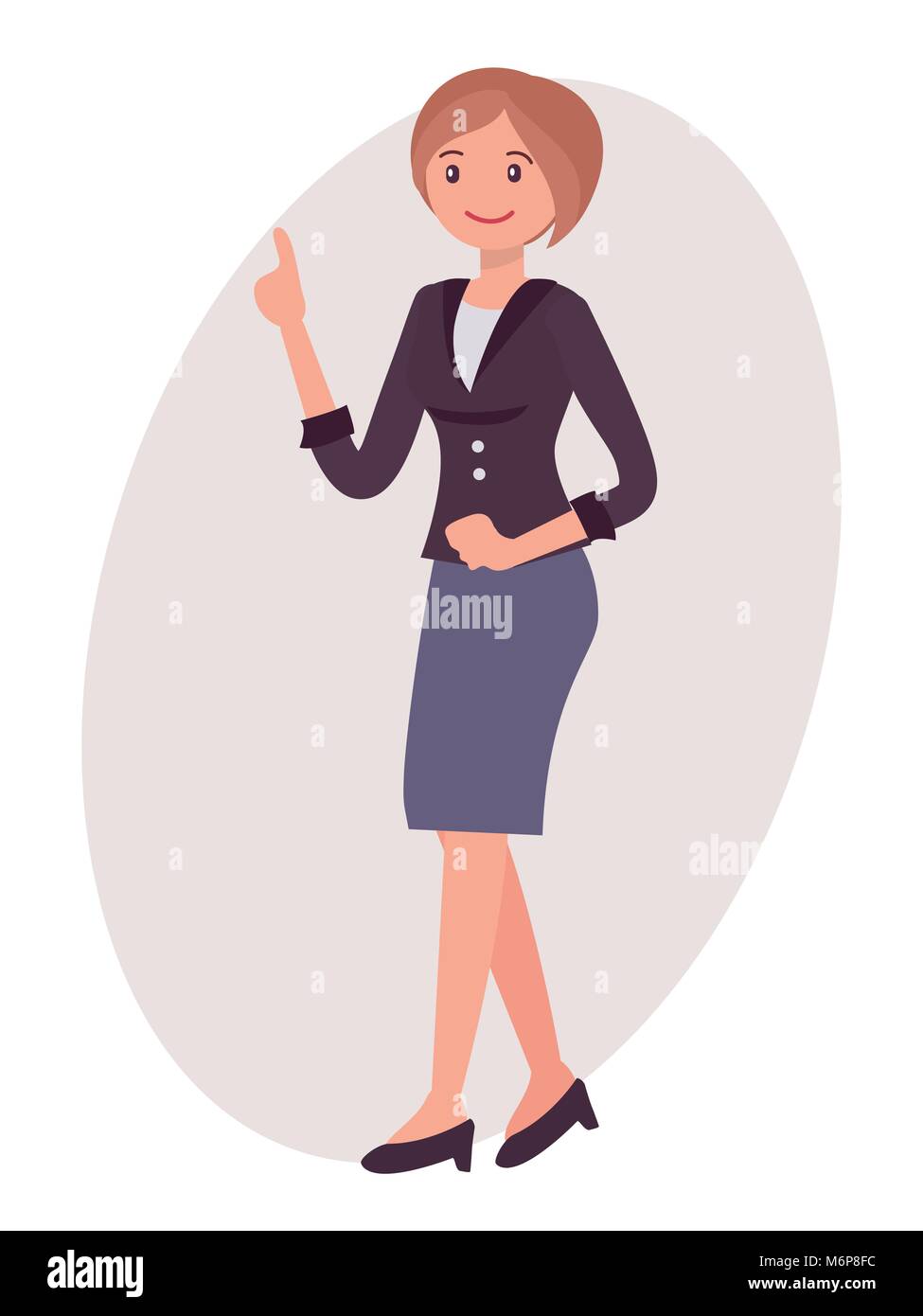 Cartoon character design female woman stand talk with hand pointing ...