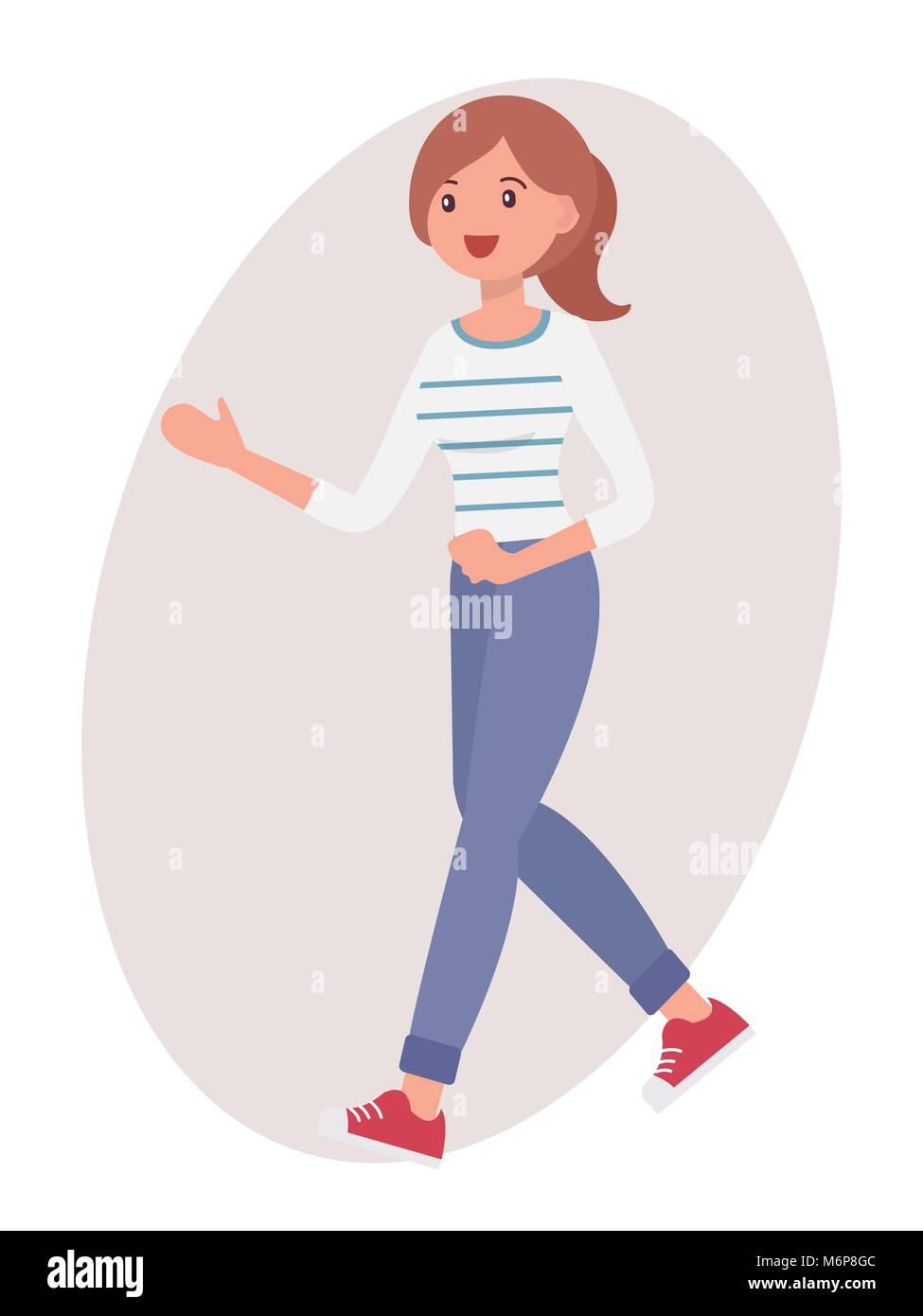 Cartoon character design female woman stand with welcome gesture smile ...