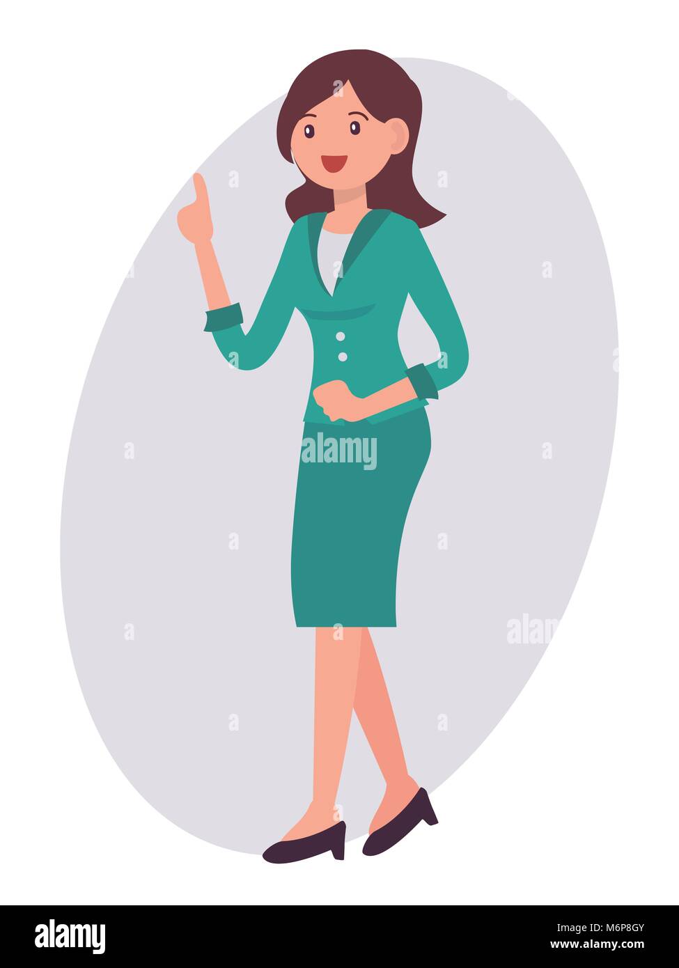 Cartoon character design female woman stand talk with hand pointing ...