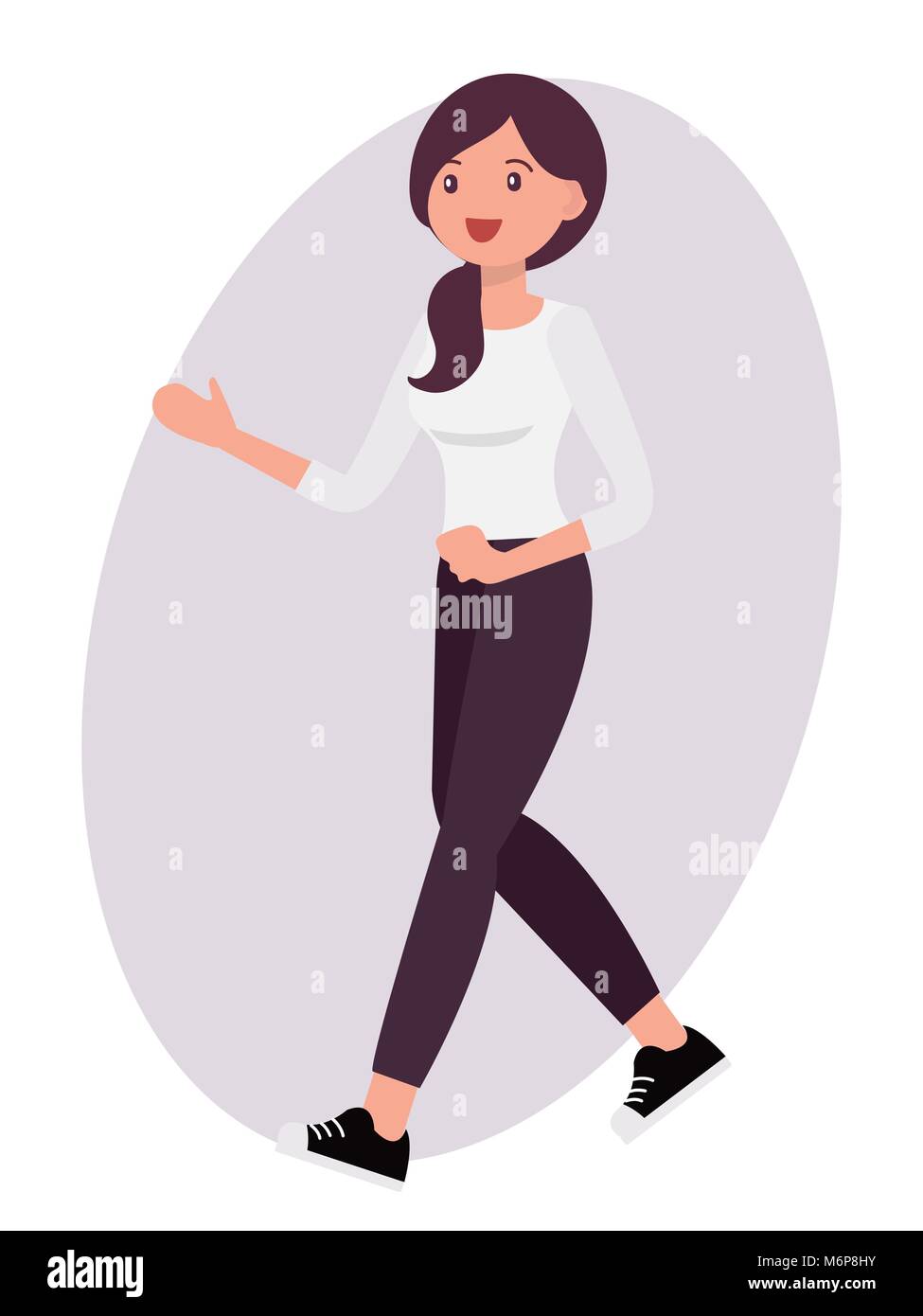 Cartoon character design female woman stand with welcome gesture smile ...