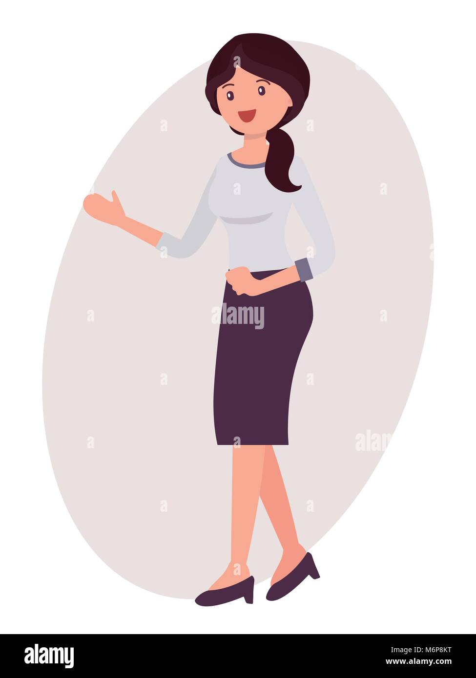 Cartoon character design female woman stand with welcome gesture smile ...
