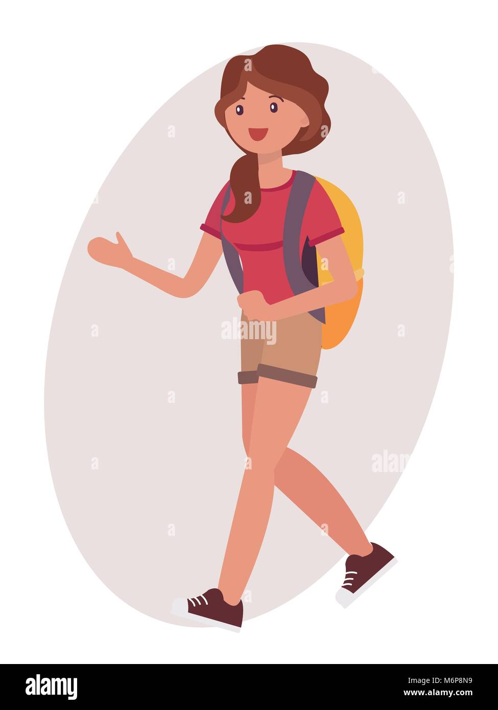 Cartoon character design female woman stand with welcome gesture smile ...