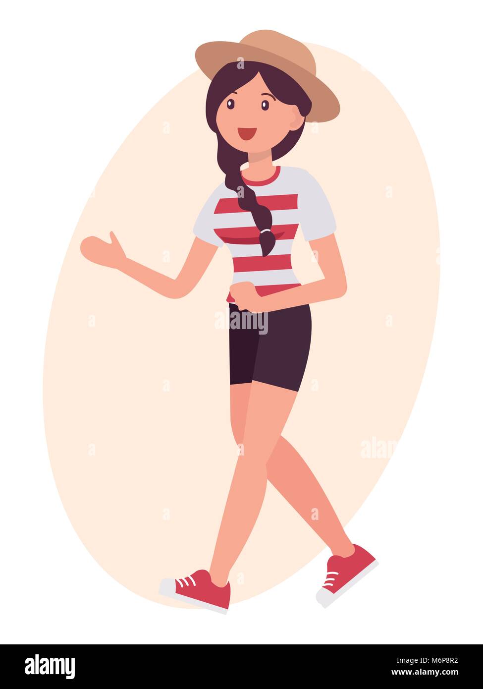 Cartoon character design female woman stand with welcome gesture smile ...