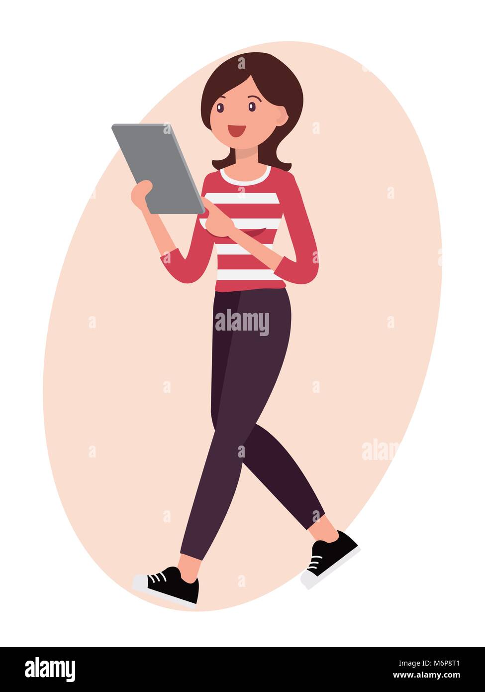 Cartoon character design female woman stand watching tablet with happy ...