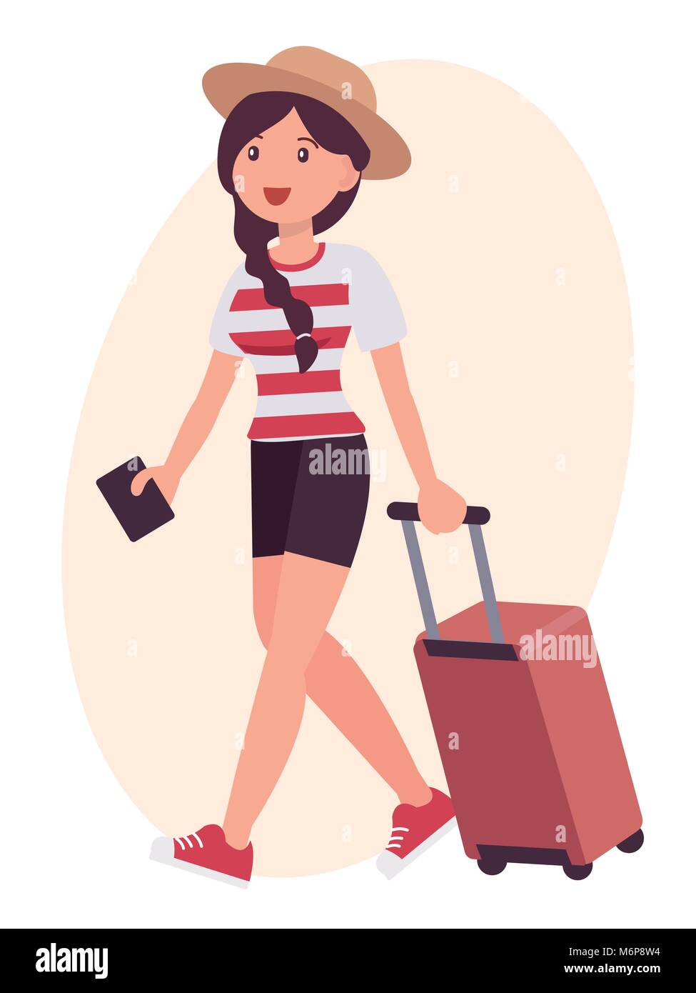 Cartoon character design female travel with luggage and passport on the ...