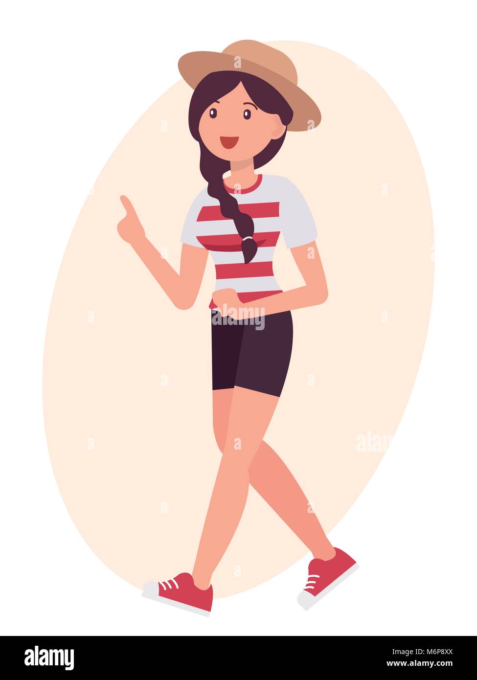 Cartoon character design female woman stand talk with hand pointing ...